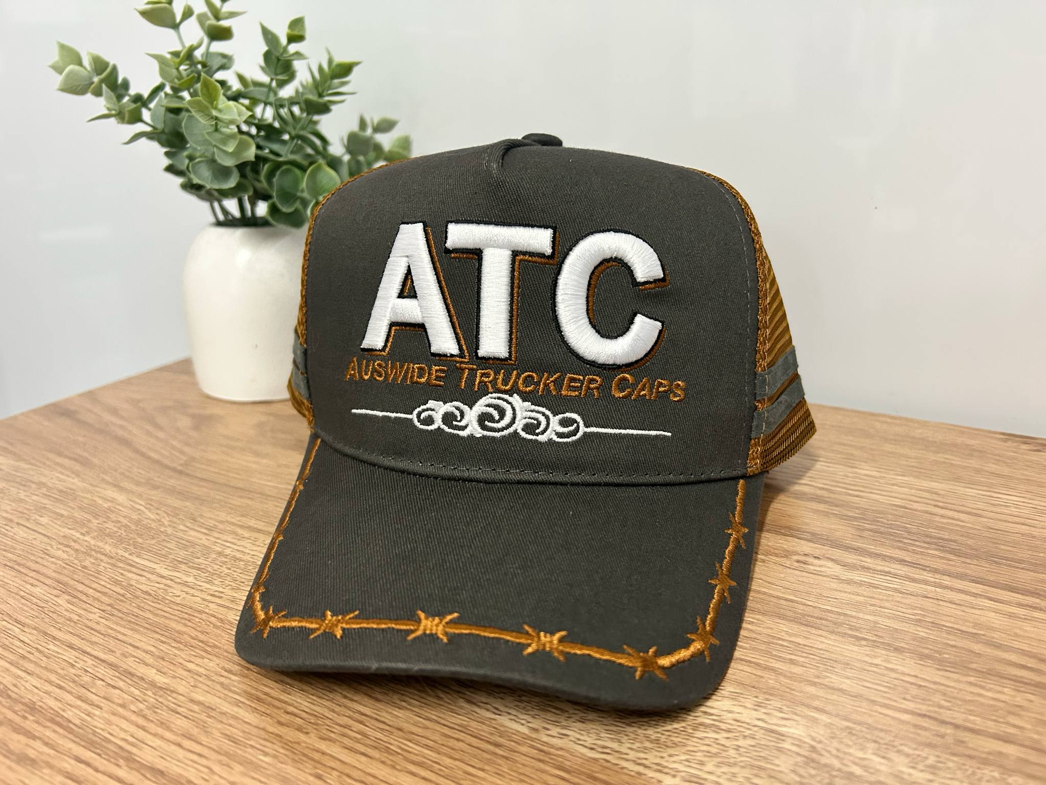 Grey and Brown Trucker Cap with Barbed Wire – Auswide Trucker Caps