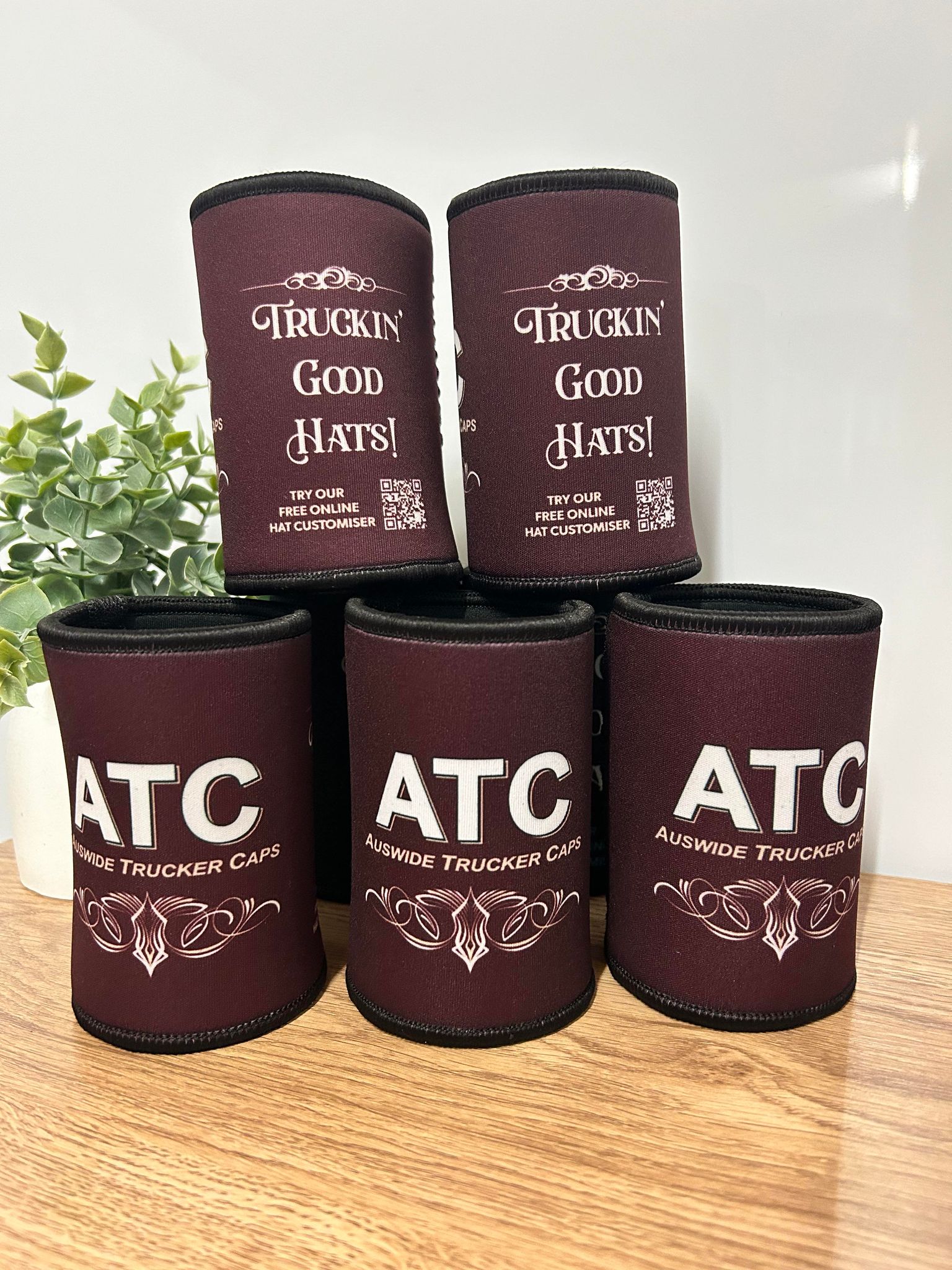 Maroon/Beige ATC Stubby Cooler – Auswide Trucker Caps