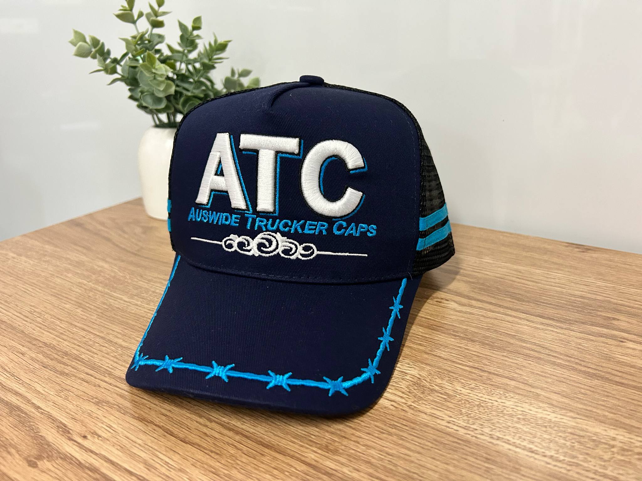 Navy and Blue Trucker Cap with Barbed Wire – Auswide Trucker Caps